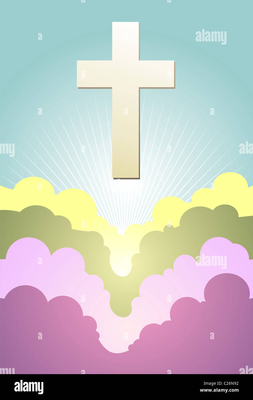 Cross silhouette at sunrise over cloudy violet background. Vector ...