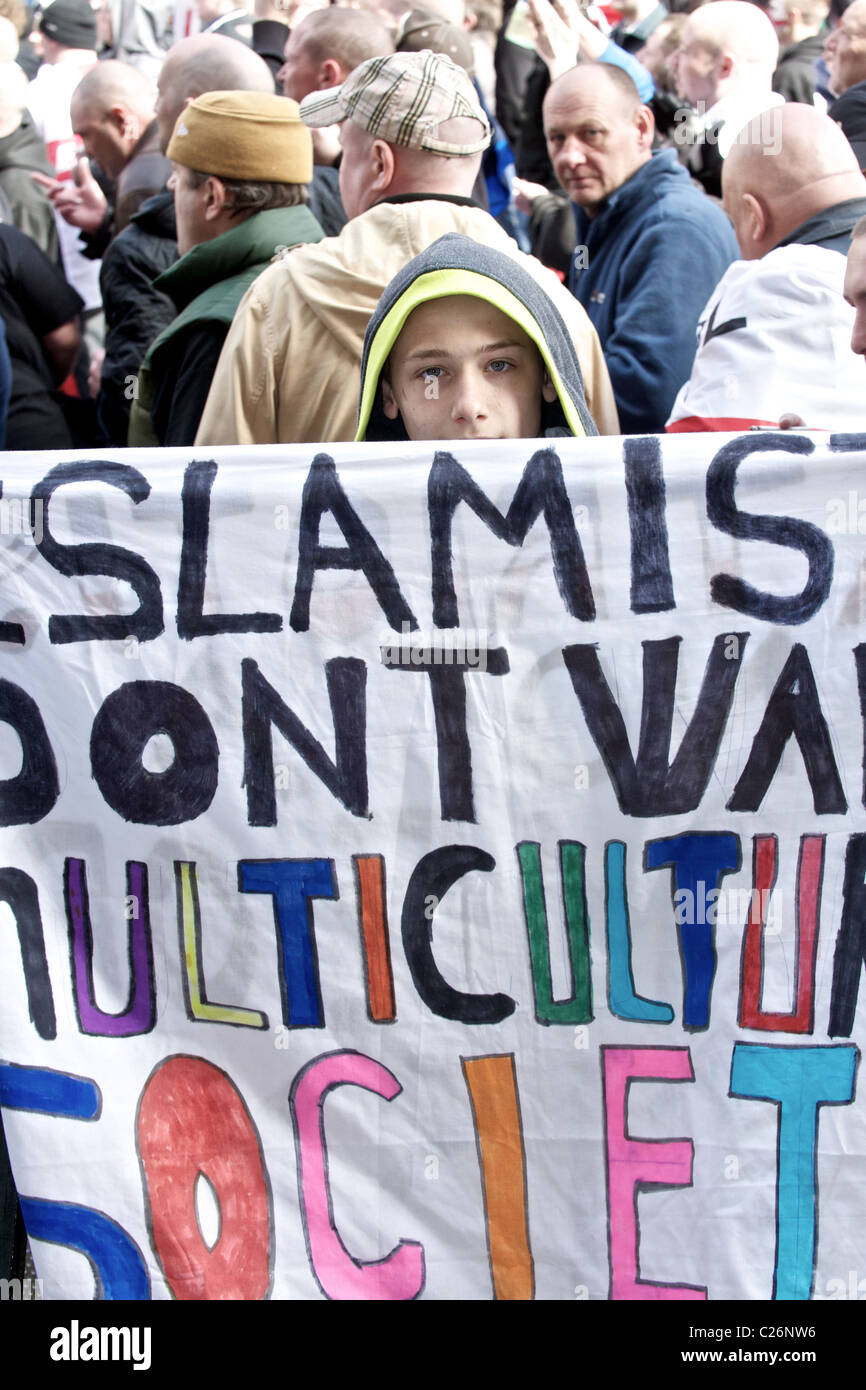A young boy takes part in the English Defence League (EDL) protest in ...
