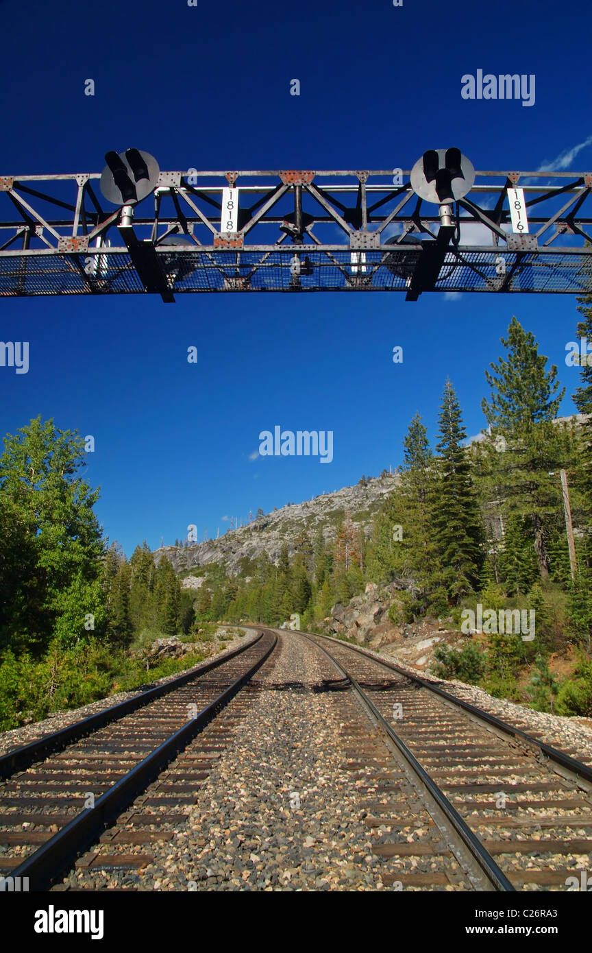 Railroad track through the mountains Stock Photo - Alamy
