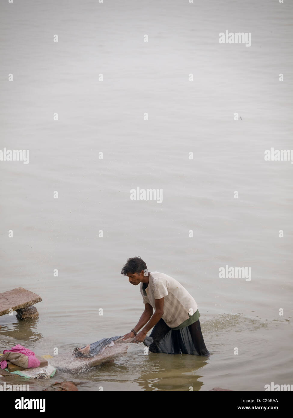 Man doing the laundry at one of the ghats in Varanasi, India Stock ...
