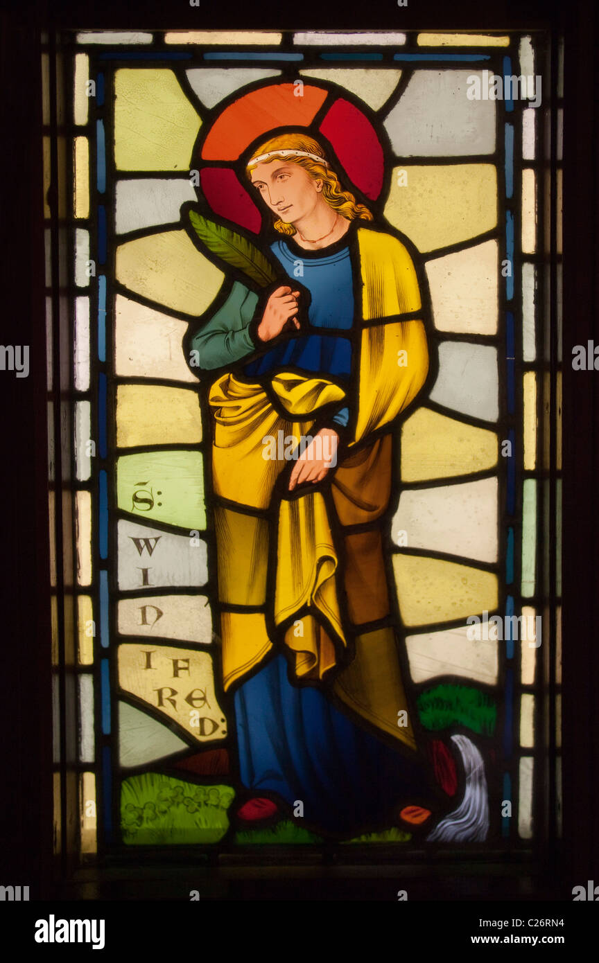 Stained glass window panel of Saint Winifred in the Chapel at Castell ...