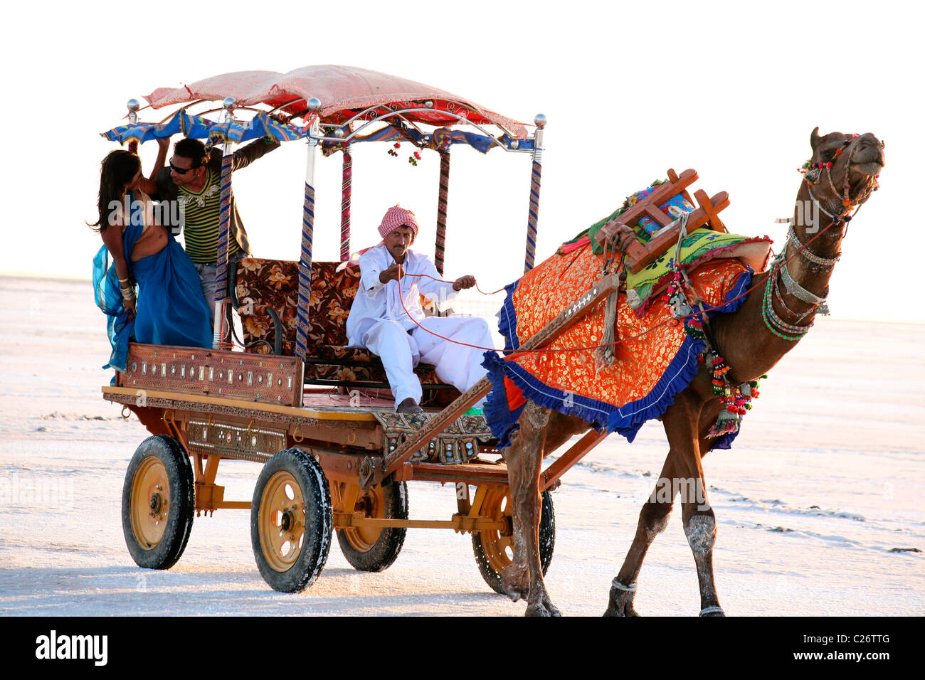 Boy and girl in romantic pose at Camel cart in Rann of Kutch, india ...