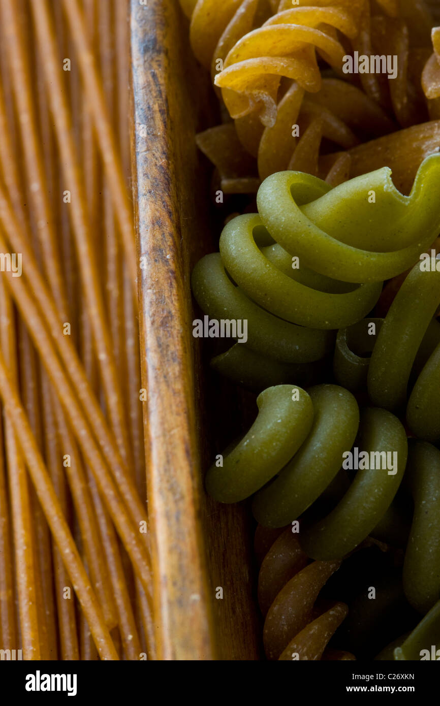 Green and Whole Wheat Pasta in Wooden Drawer Stock Photo - Alamy