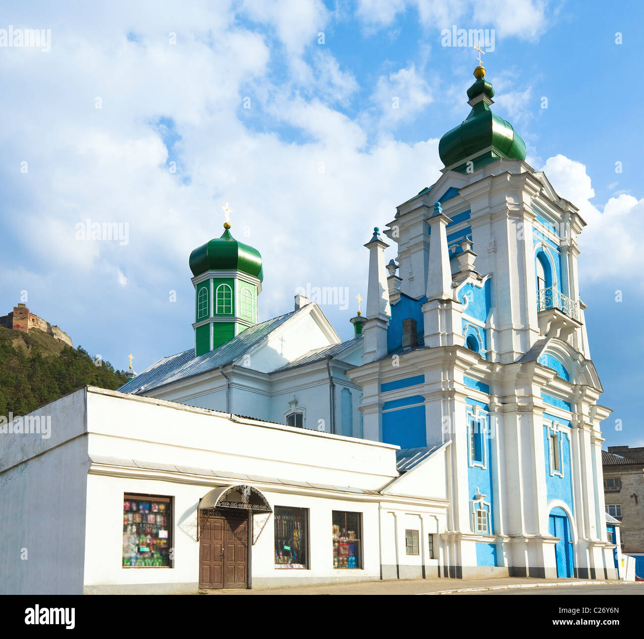 Russian Orthodox church in Kremenets town and ancient castle ruins ...