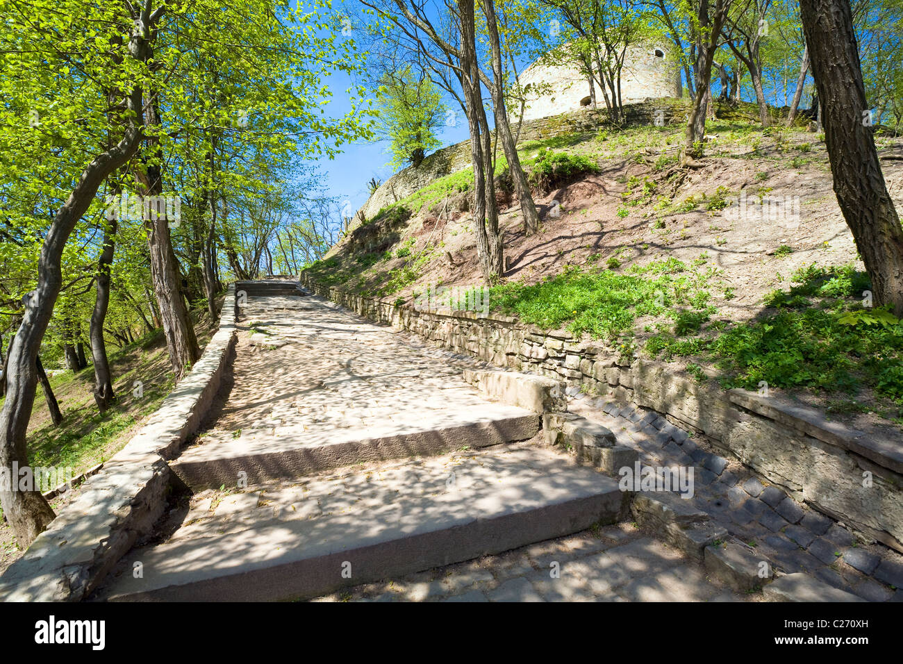 Spring view of Terebovlia castle ruins (Ternopil Oblast, Ukraine ...