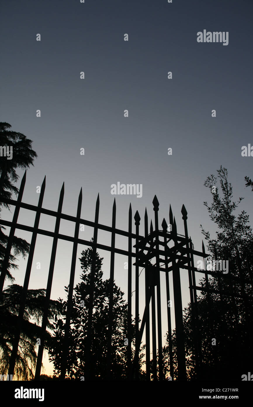 high metal steel fence with spikes and tree branches against moody sky ...