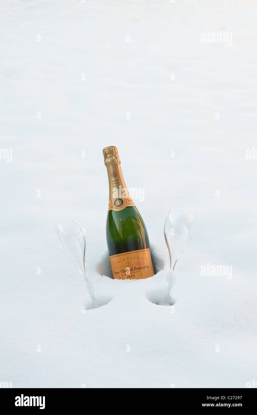 Bottle of Champagne in Snow with Two Glasses (bottom of frame version ...