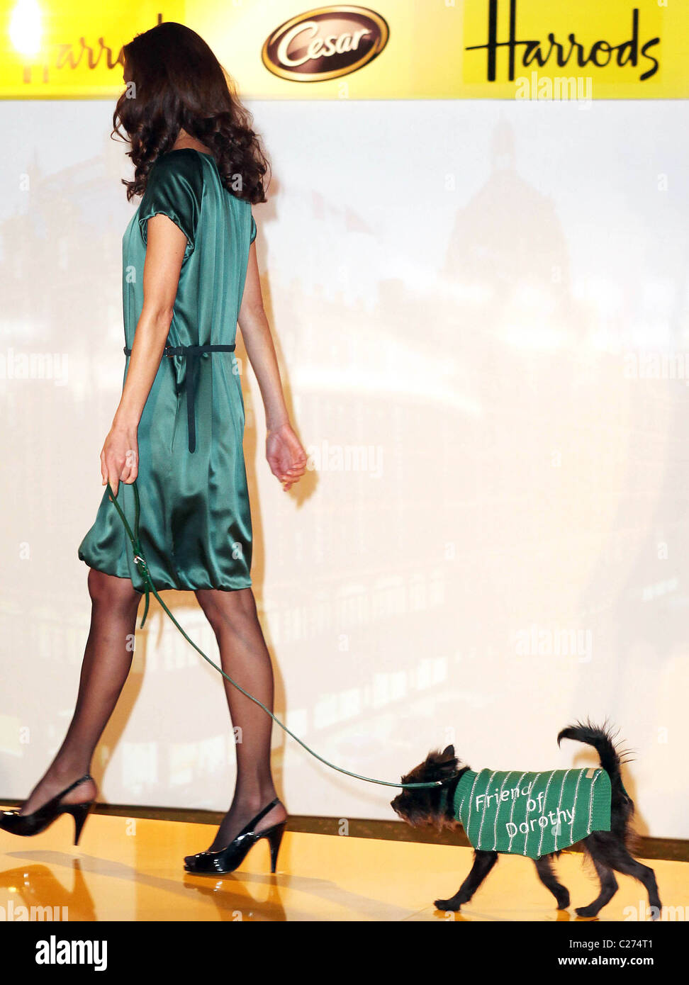 A model walks down the catwalk with a dog during the annual 'Pet-a ...