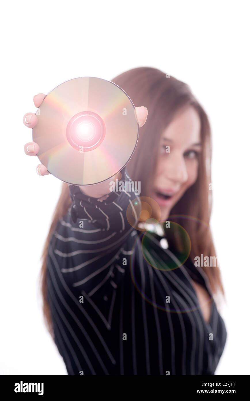 Brunette businesswoman holding disc out in front of her Stock Photo - Alamy