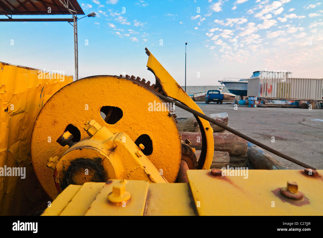 Machine for hauling ships and boats at the city marina in Greece Stock ...