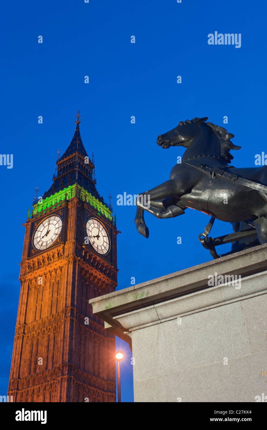 Statue of Boudica (Boadicea) in her chariot with horses, and the Clock ...