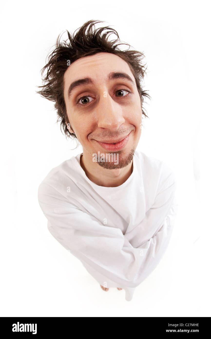 Fish eye shot of insane man in strait-jacket smiling in isolation Stock Photo - Alamy