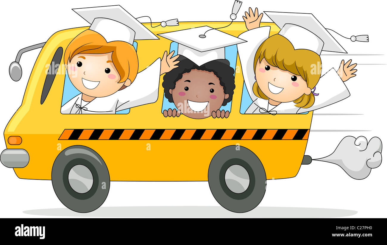 Illustration of Kids Driving Away in a School Bus Stock Photo - Alamy