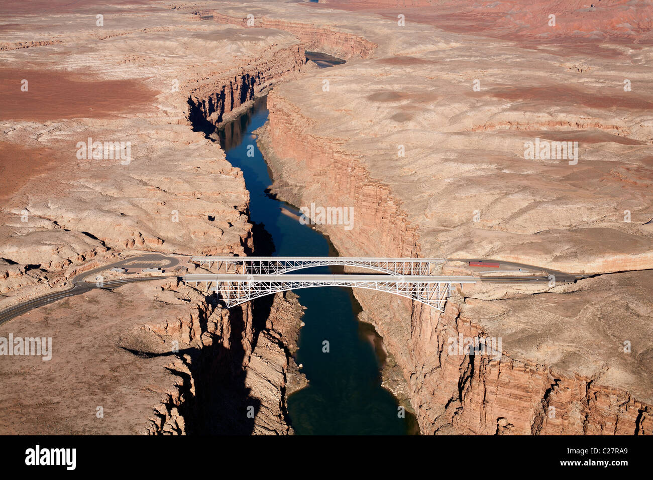 AERIAL VIEW. Navajo Bridges crossing the Colorado River at Marble ...
