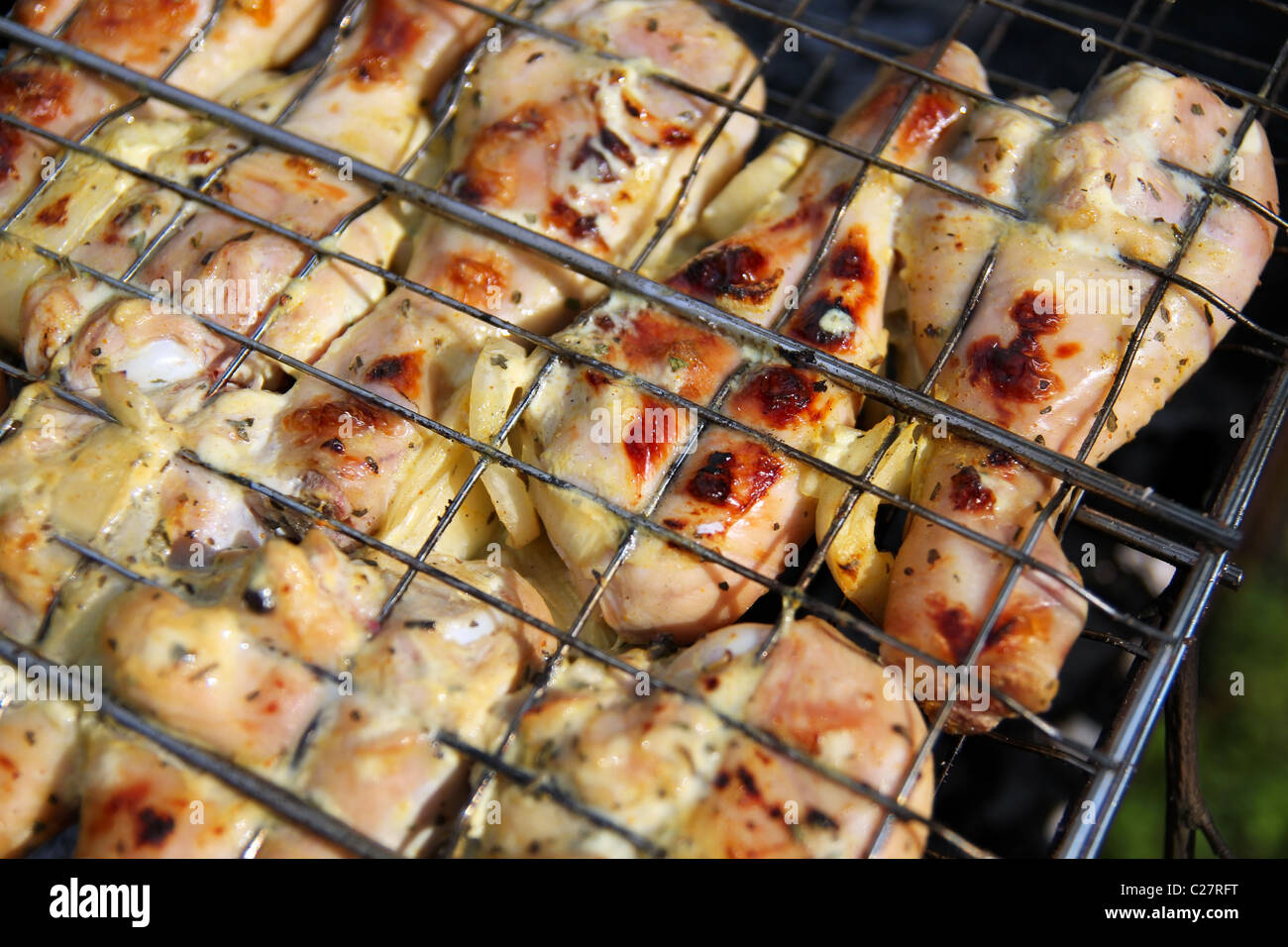 Chicken barbecue in metal grate, closeup in forest Stock Photo - Alamy