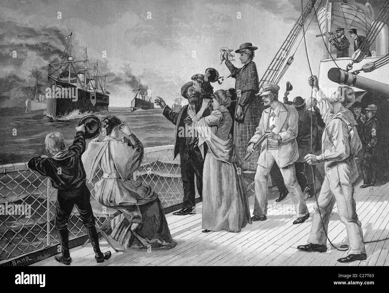 The first greeting from home, returning ships, historical illustration ...