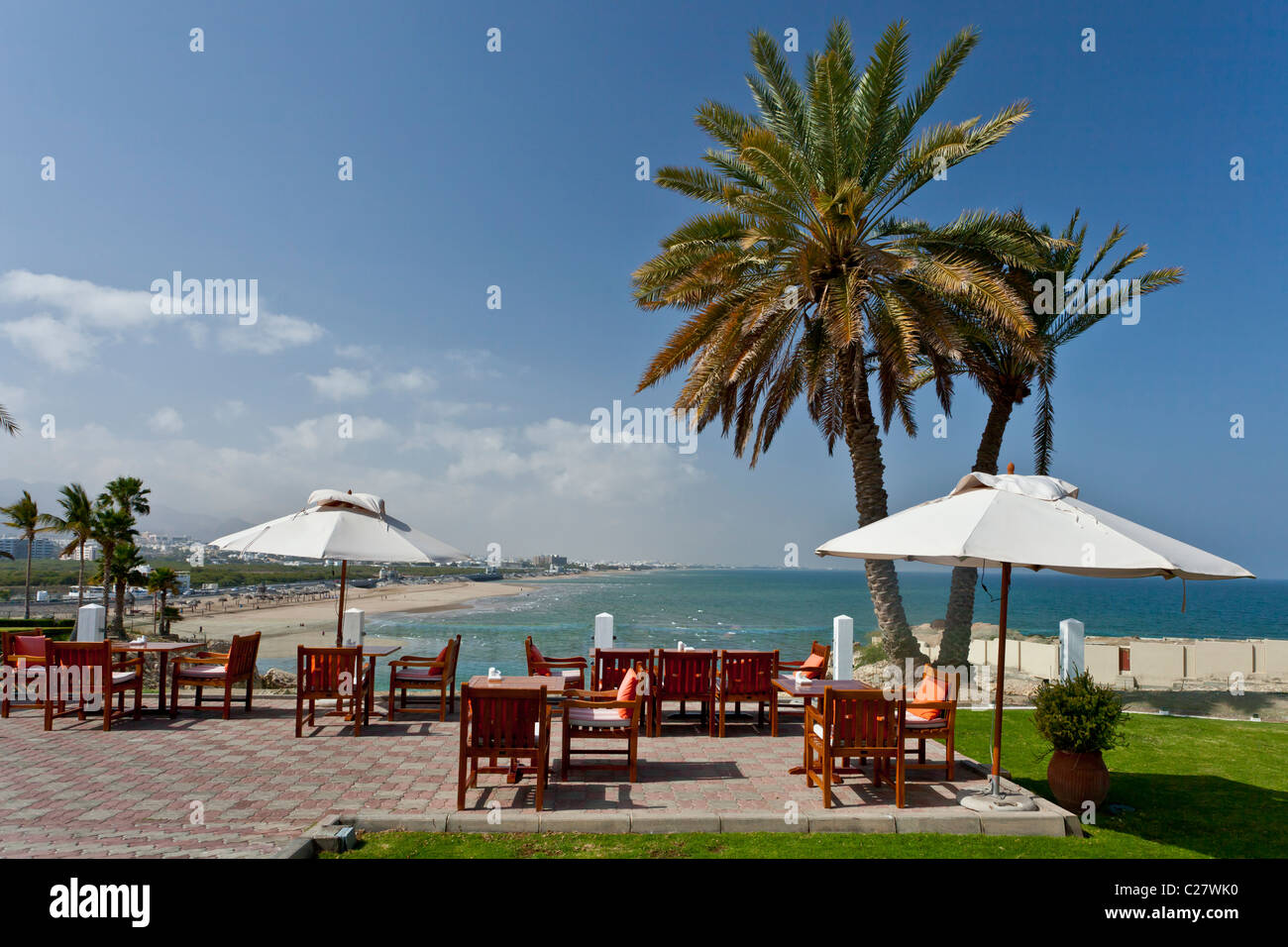 A seaside patio area at the Crown Plaza resort in Muscat, Oman Stock ...