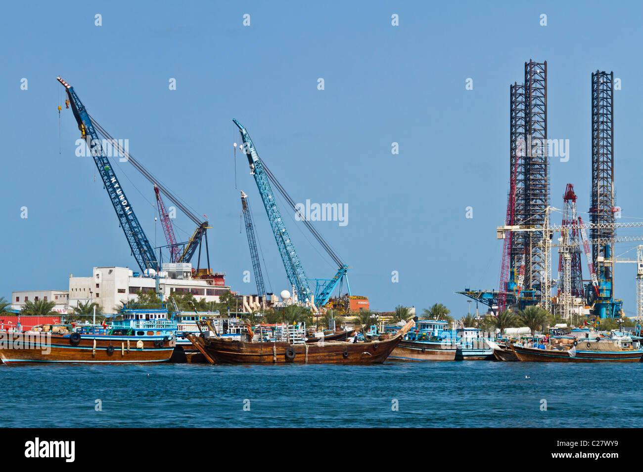 The dow and shipping facilities at Port Khalid in Sharjah, UAE Stock ...
