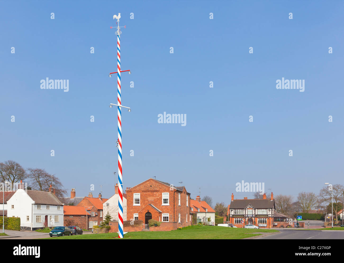 New striped Maypole on the village green Wellow Nottinghamshire England ...