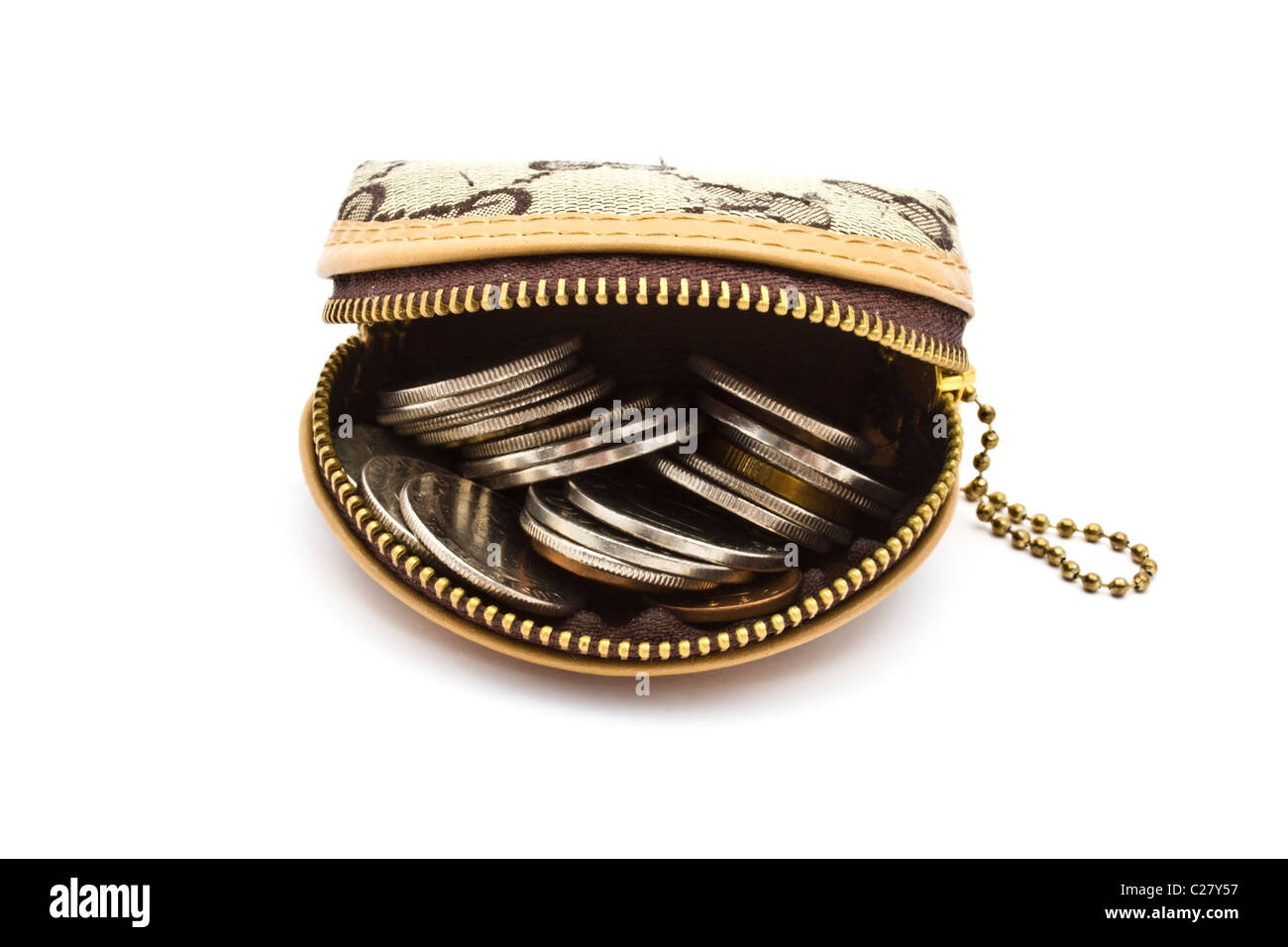 Coins in purse closeup on white background Stock Photo - Alamy