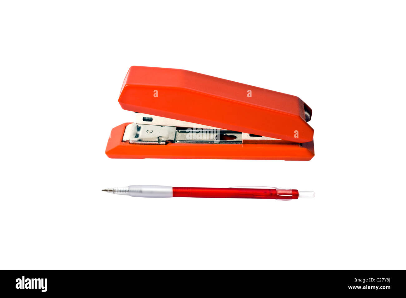 Red stapler and pen isolated on white background Stock Photo - Alamy