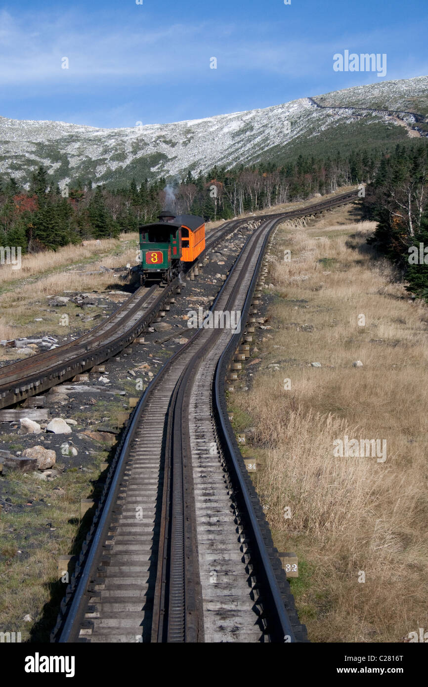 Trains moving up and down Mount Washington's historic cog railway Stock ...