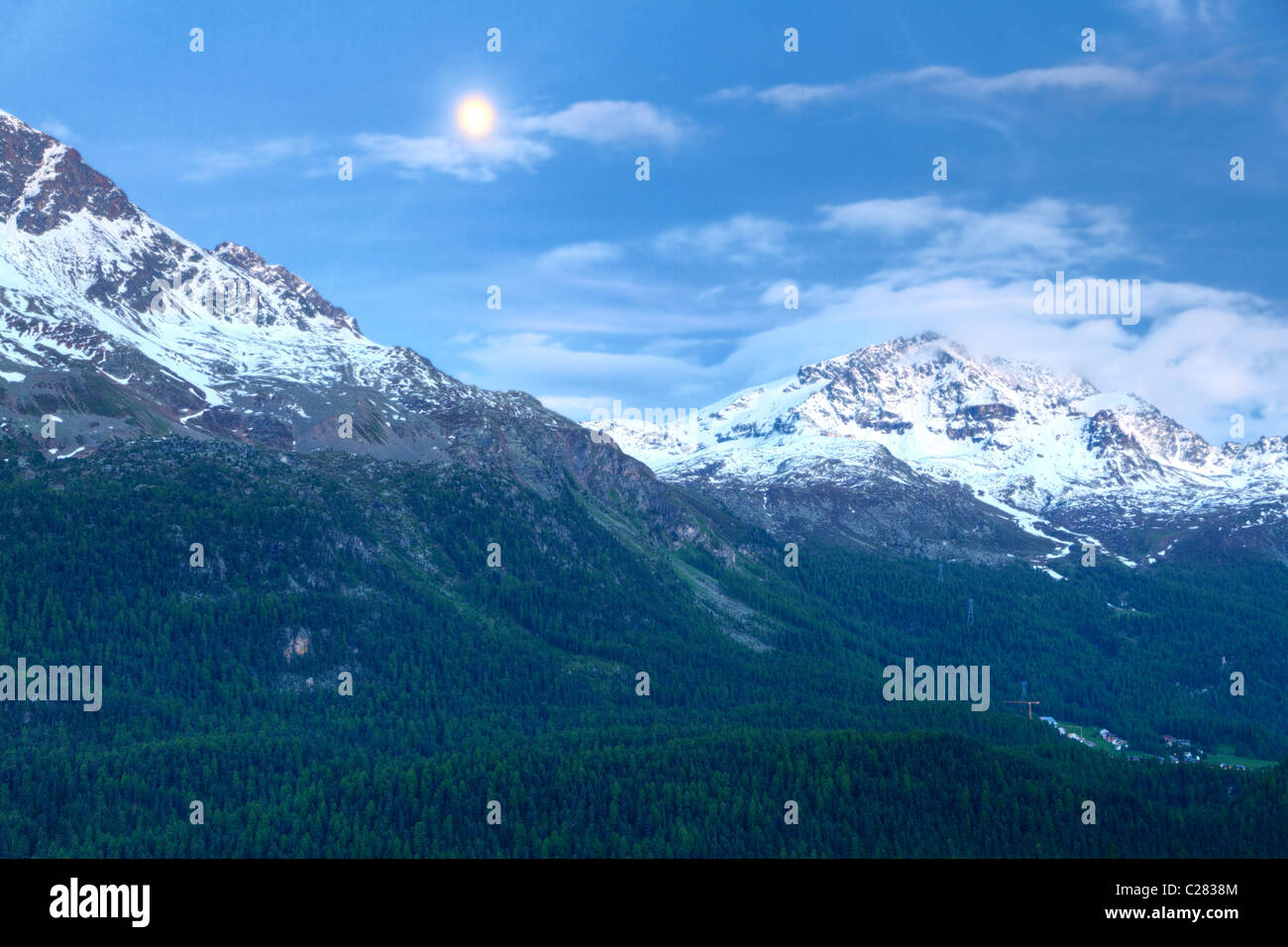 view from St. Moritz in Switzerland: high snow and ice capped alpine ...