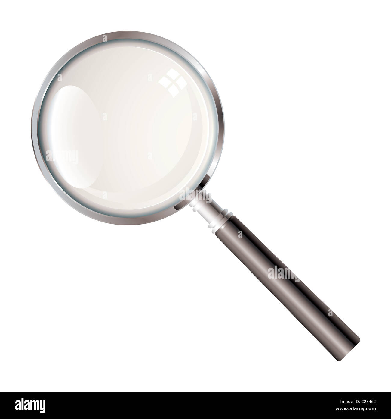 Black handled magnifying glass with light reflection and silver rim ...