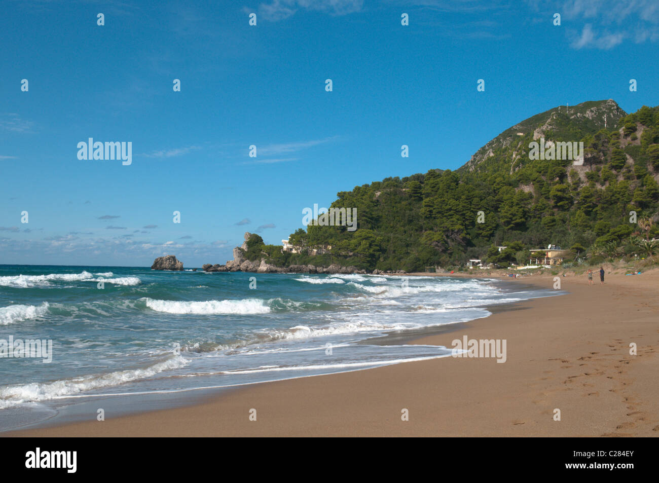 Corfu, Greece. October. The beach at Glifada, Glyfada, on the central ...