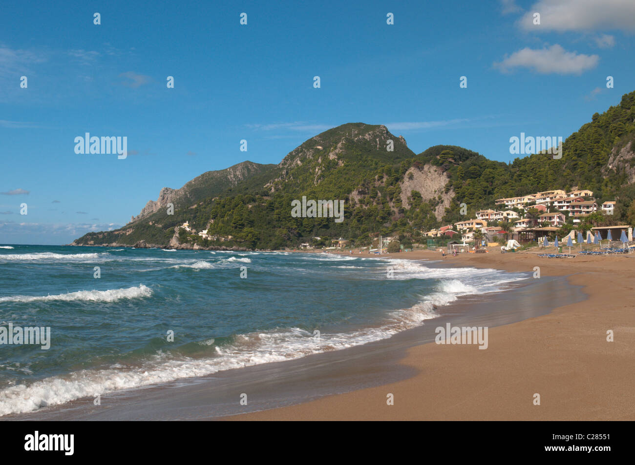 Corfu, Greece. October. The beach at Glifada, Glyfada, on the central ...