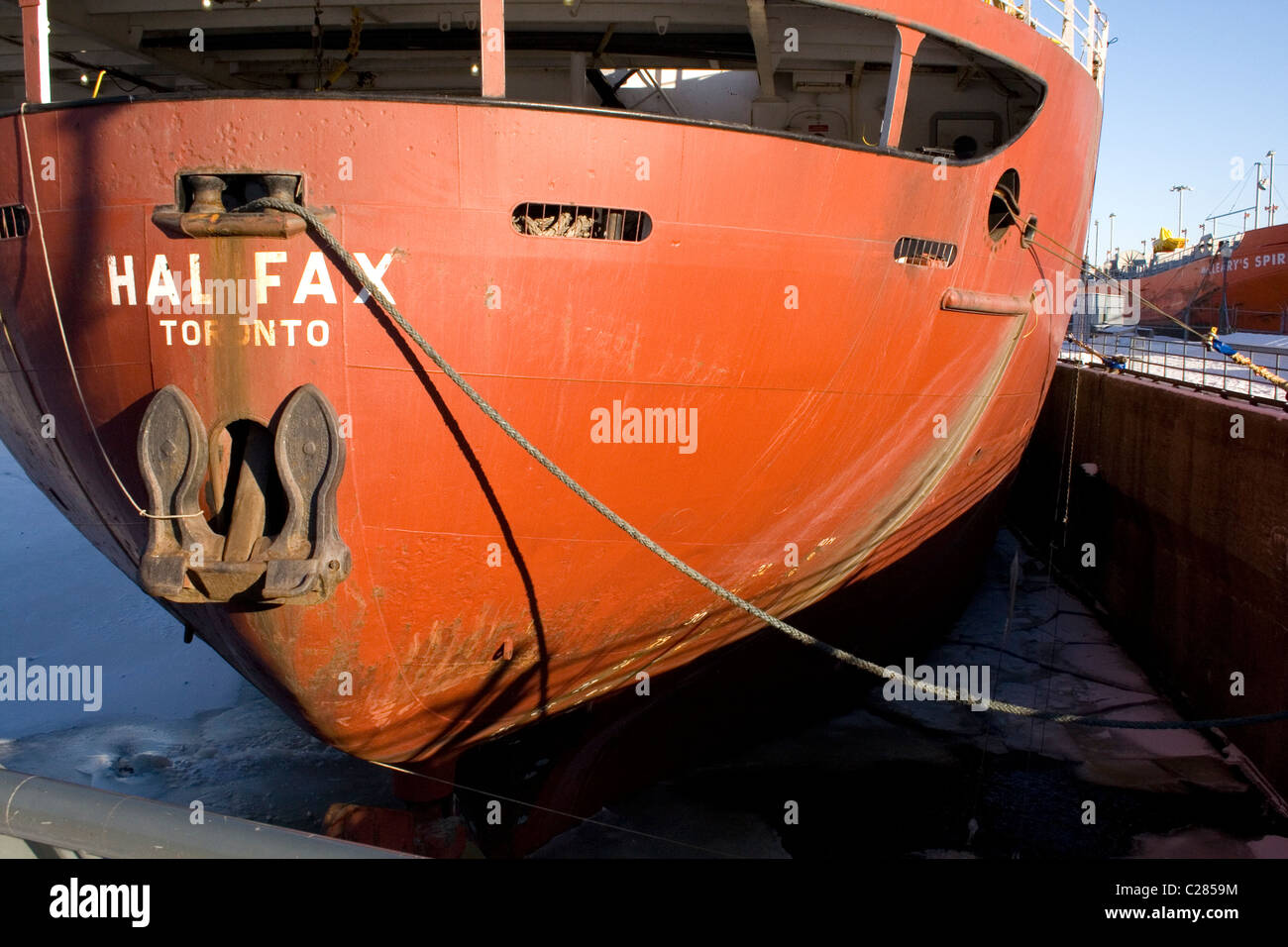 Stern of cargo ship Halifax, Toronto docked in frozen harbour in ...