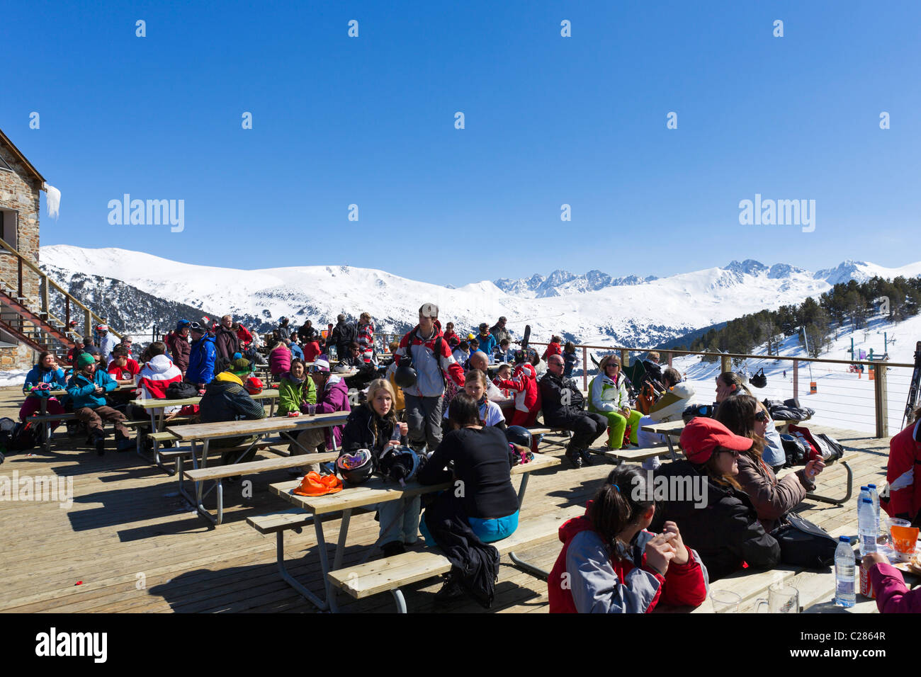 Terrace of a Mountain Restaurant at the bottom of the slopes in the ...