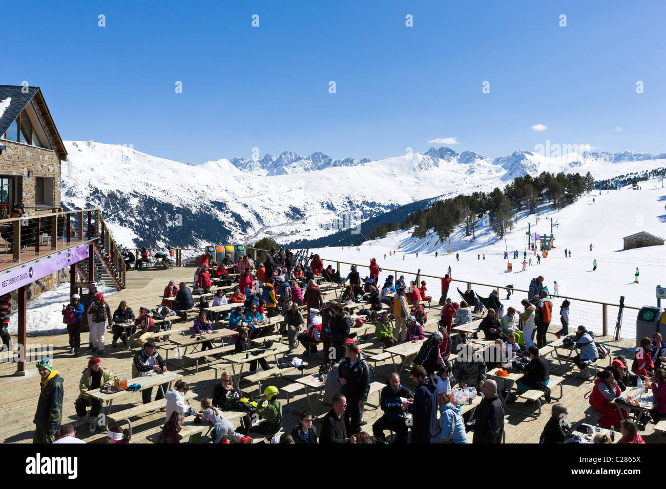 Terrace of a Mountain Restaurant at the bottom of the slopes in the ...