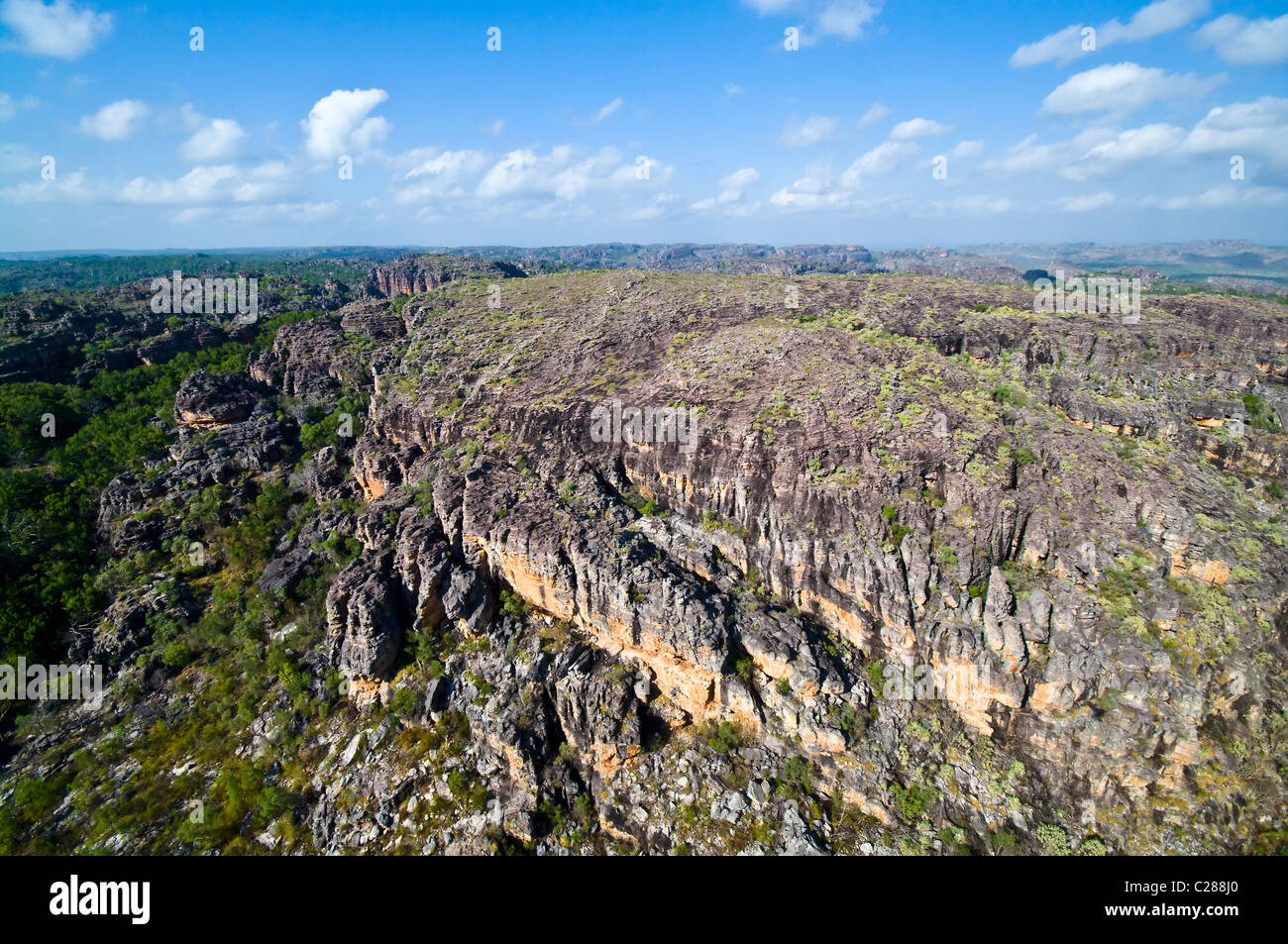 A vast sandstone escarpment and plateau towers over rugged gorges Stock ...