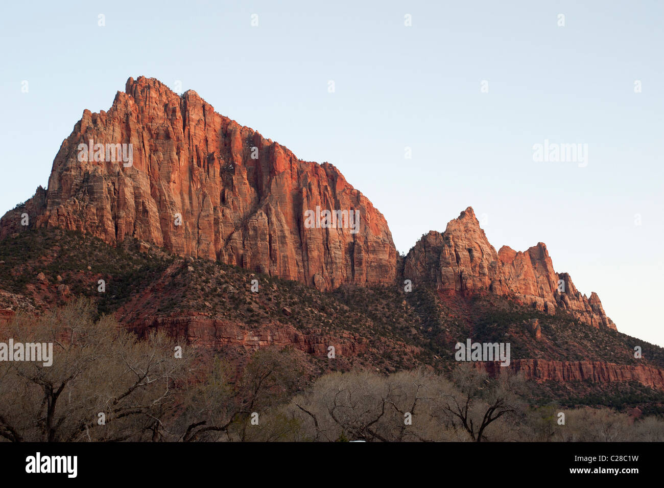The Watchman in Zion National Park, as seen from the town of Springdale ...