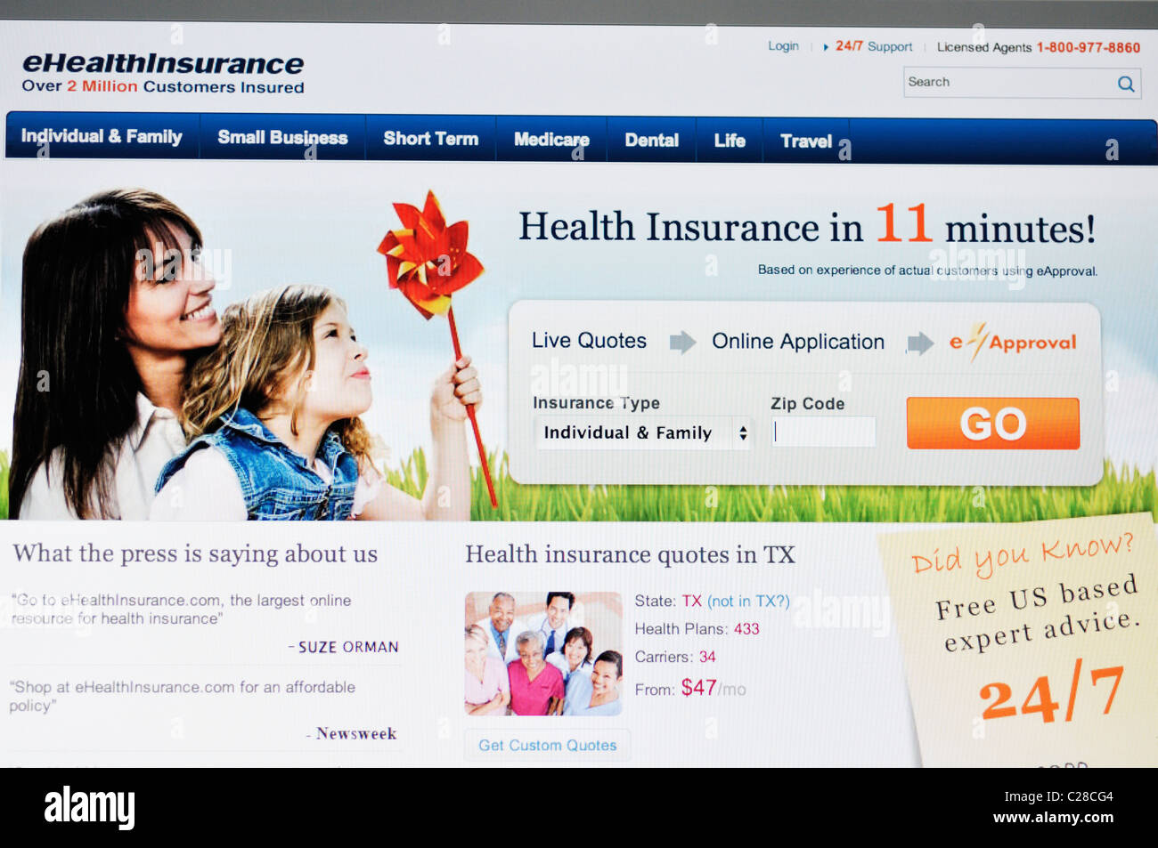 eHealthInsurance website - health insurance quotes Stock Photo - Alamy