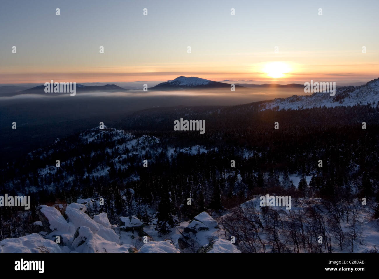 Sunset in Ural mountains. Taiga, Siberia, Russia. Taganay national park ...