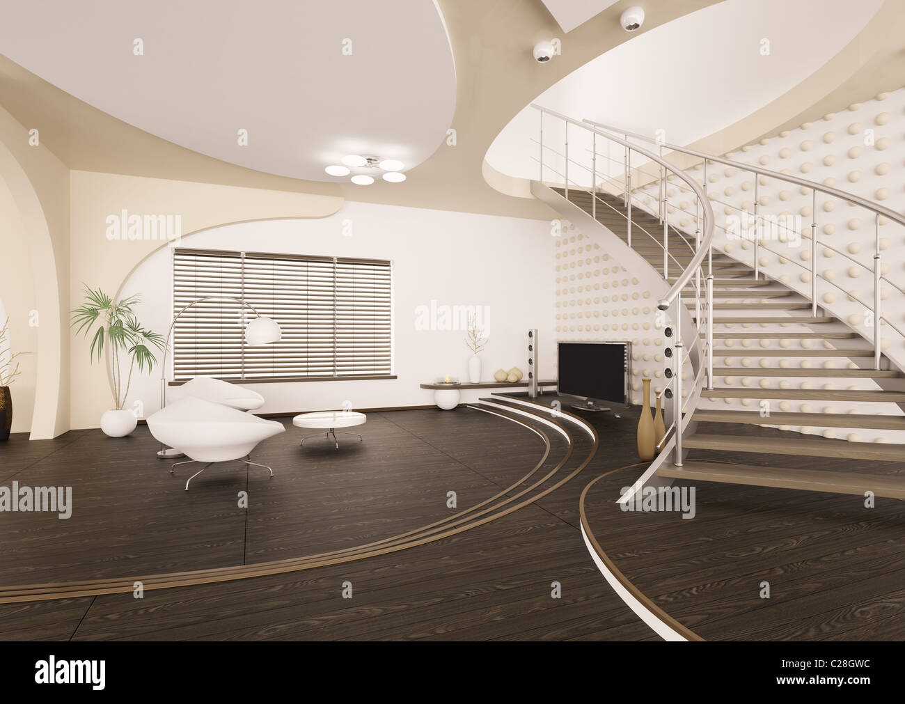 Modern interior of living room with staircase 3d render Stock Photo - Alamy