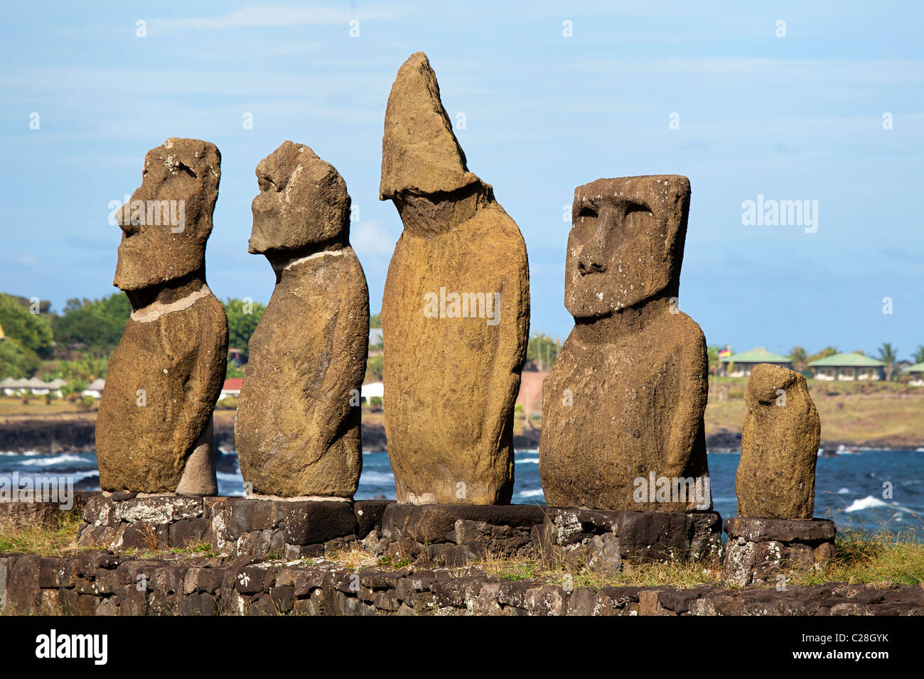 Moai statues in a row at easter island Stock Photo - Alamy