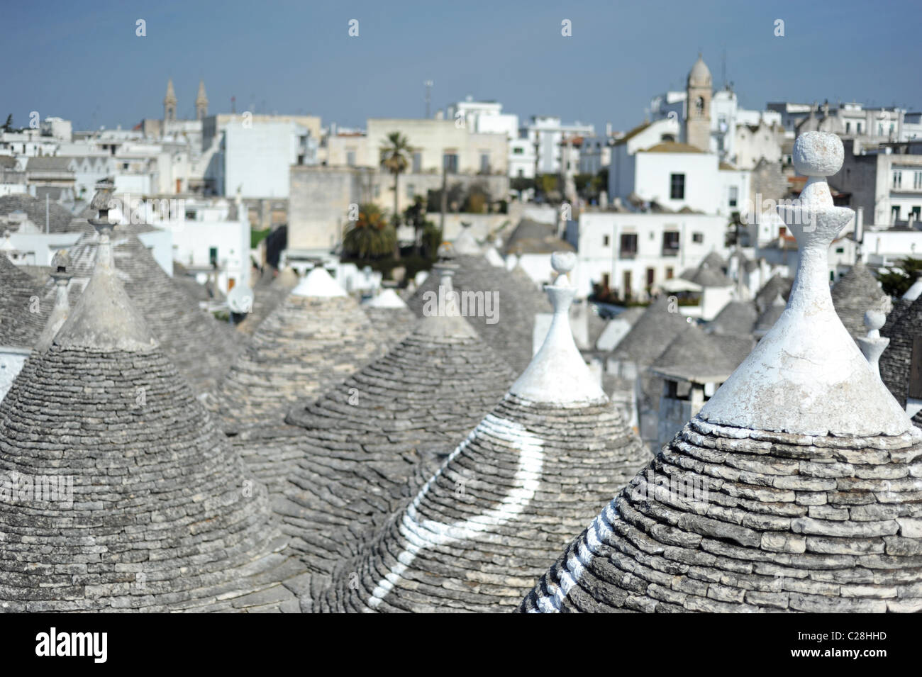 Italy, Alberobello, historic centrer with trullo houses with new center ...