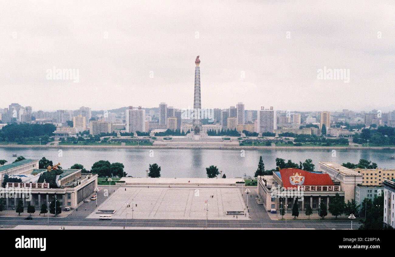 North Korea: Pyongyang, a square and the Juche Tower, 2009 Stock Photo ...