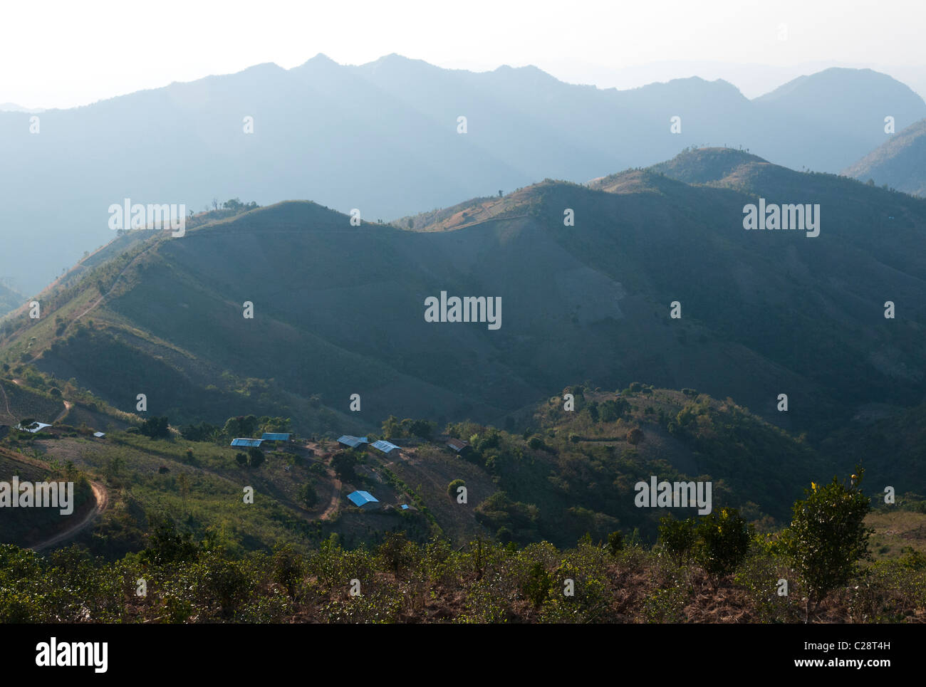Hills view with villages and tea plantation. Southern Shan State ...