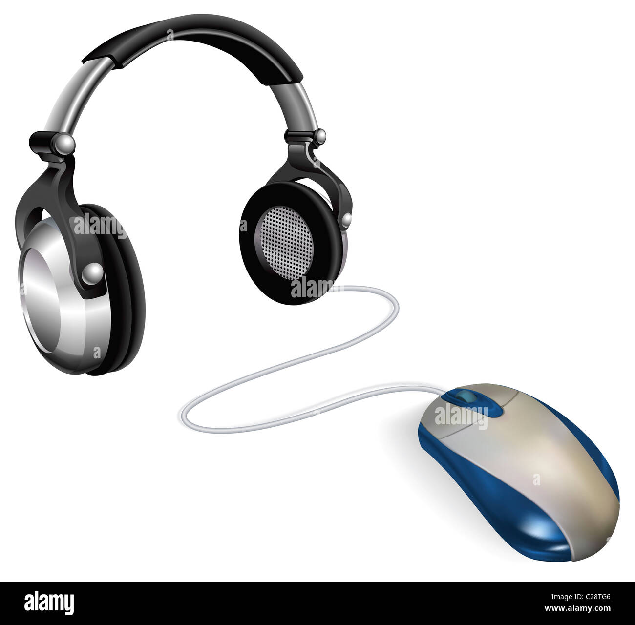 Computer mouse connected to big DJ headphones. Concept for online music ...