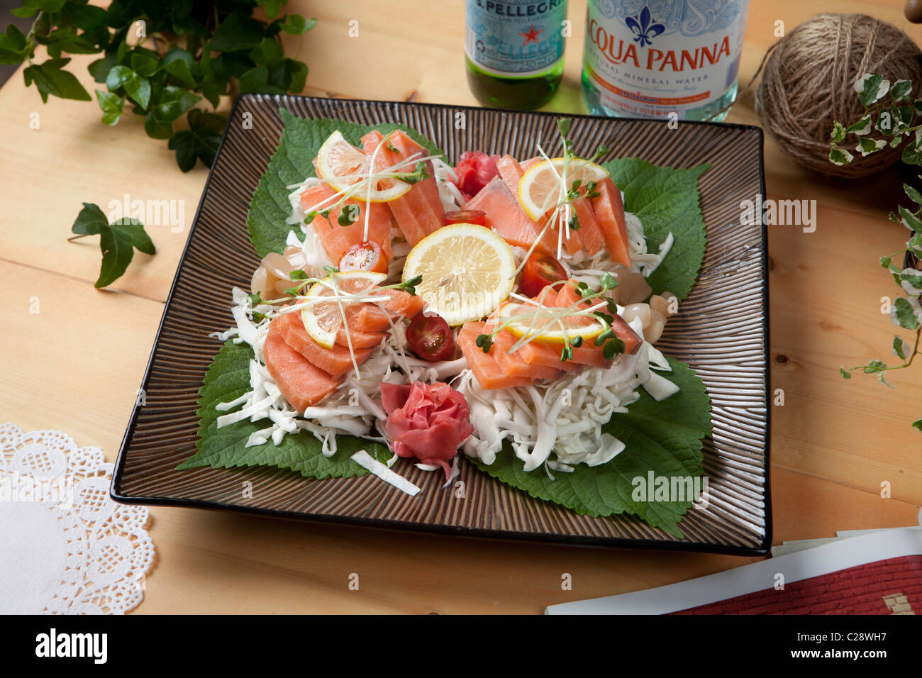 Korean food sale on restaurant , South Korea Salmon sashimi (Raw fish ...