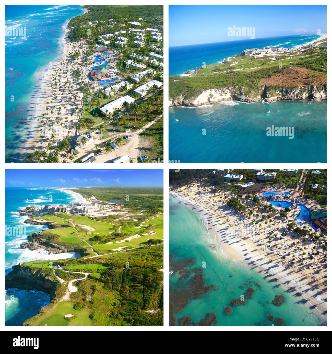 Helicopter view collage with caribbean coastline Stock Photo - Alamy