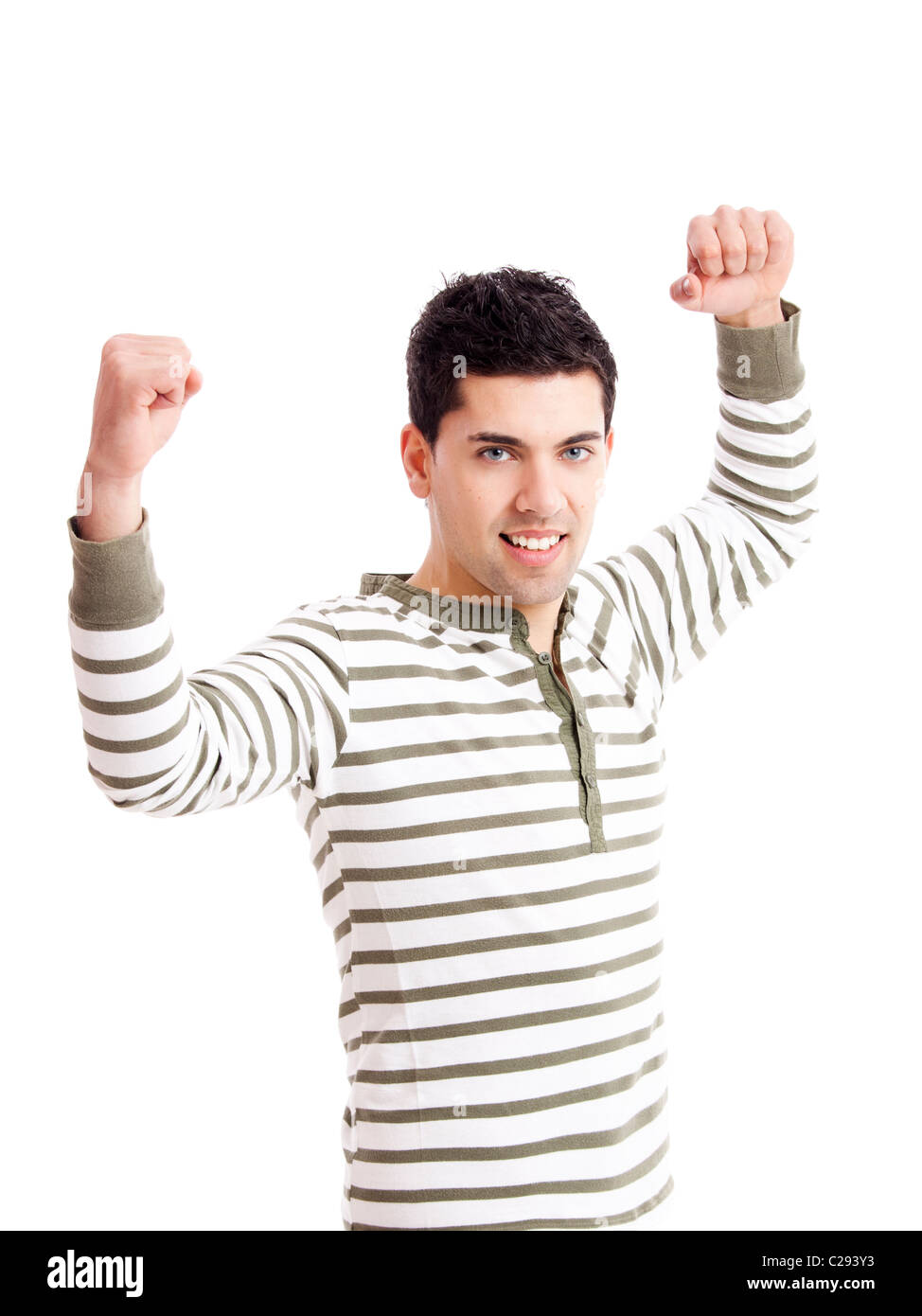 Happy young man with arms up isolated on a white background Stock Photo ...