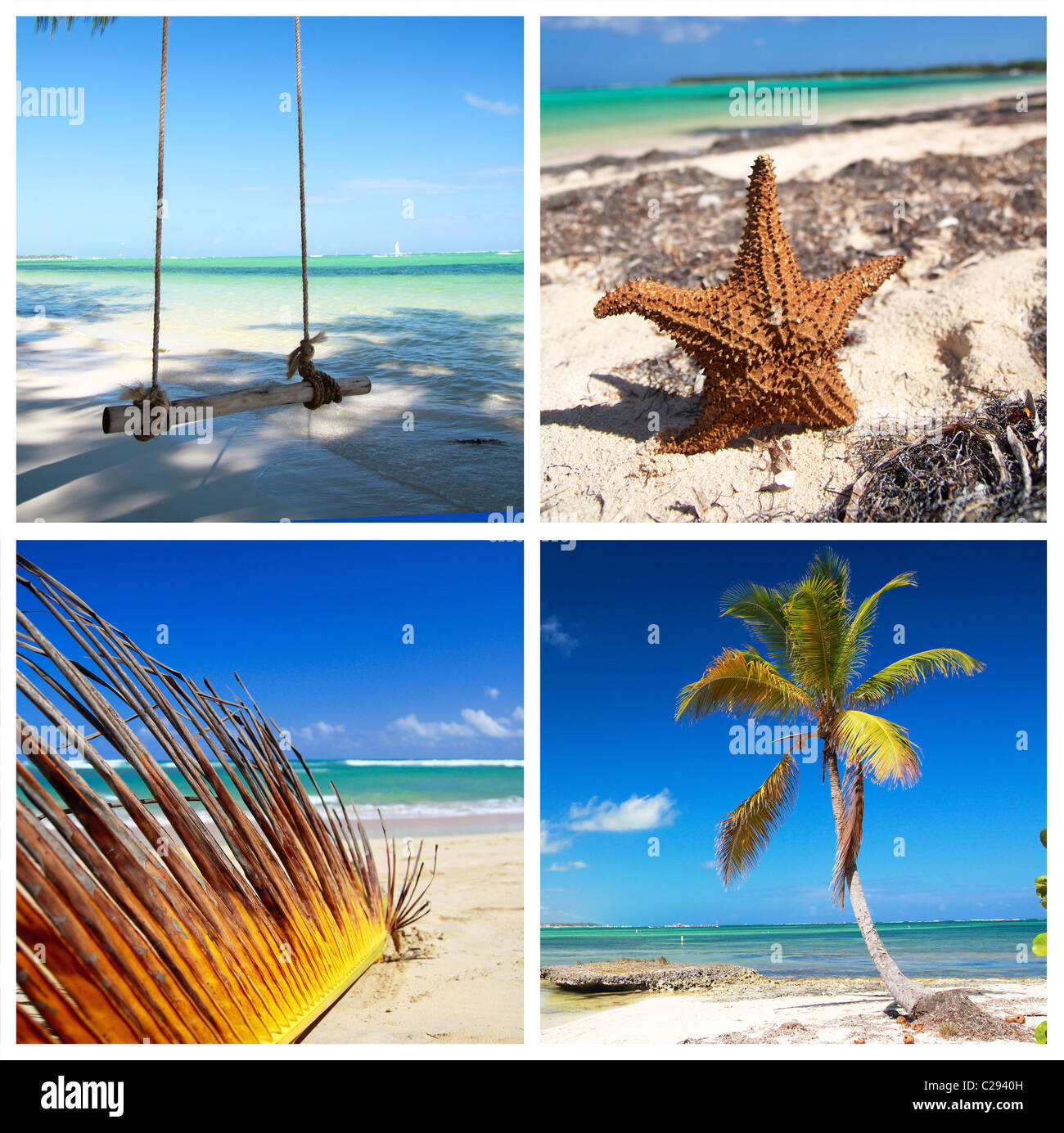 Caribbean travel collage with palm and coastline Stock Photo - Alamy