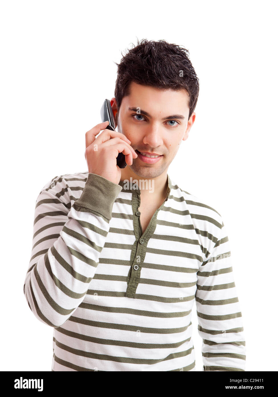Handsome young man making a phone call, isolated on white background ...