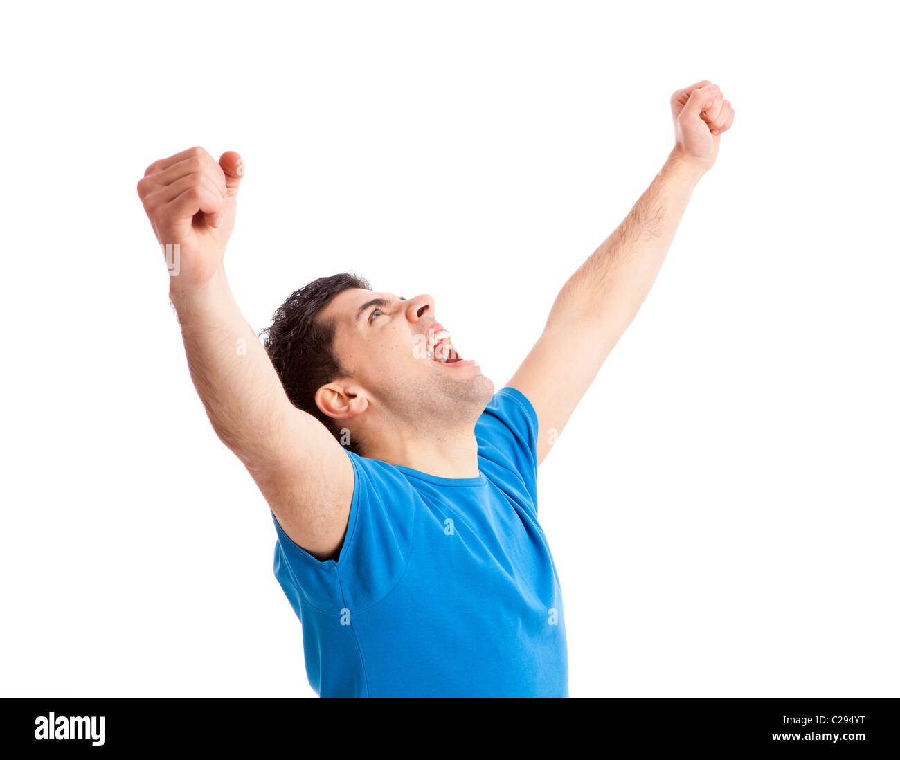 Happy young man with arms up isolated on a white background Stock Photo ...