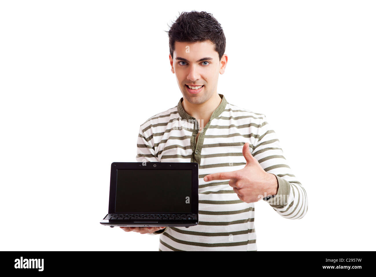 Handsome young man showing a presentation on a laptop, isolated on ...